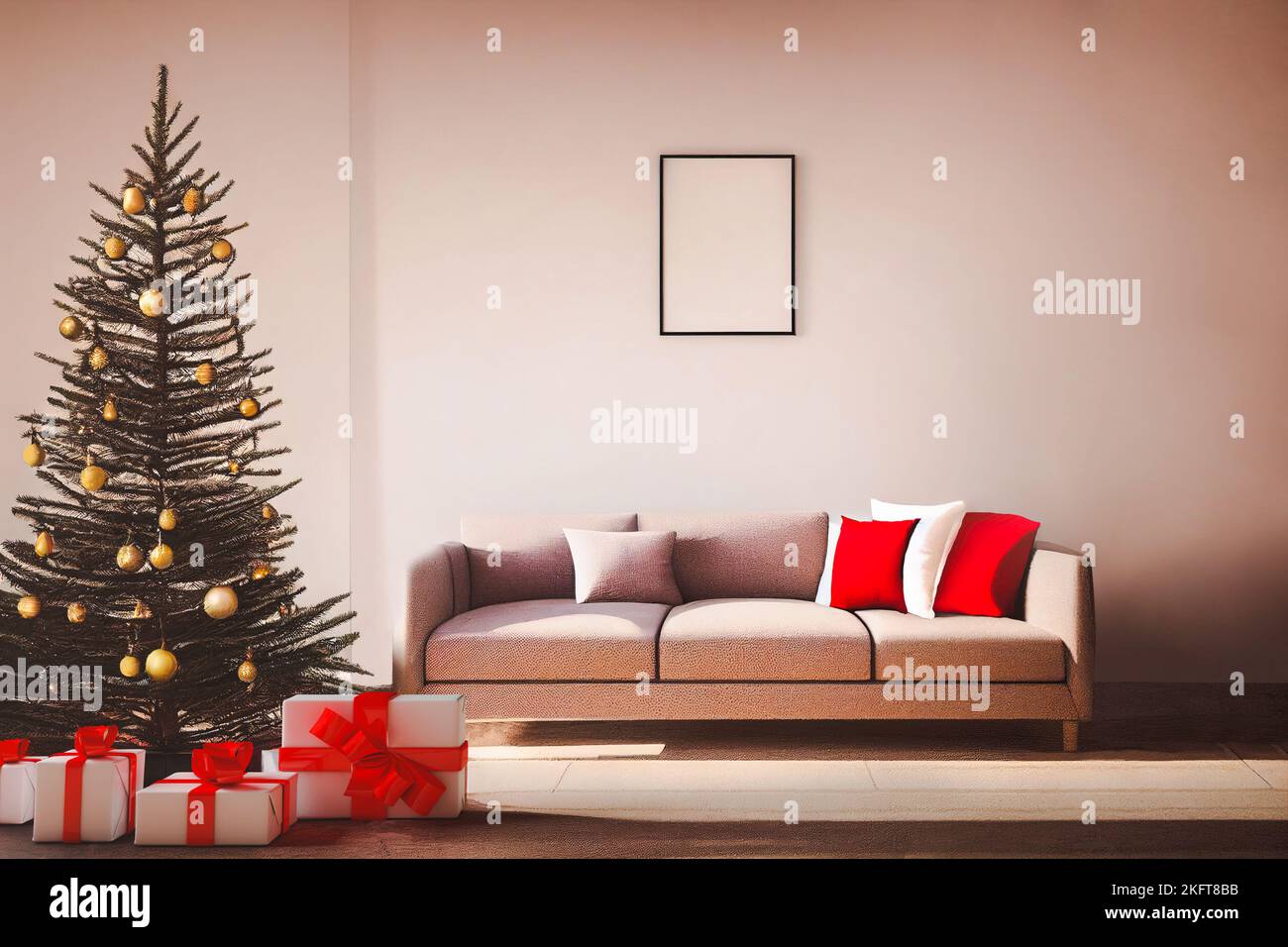 Front view of an interior with a Christmas tree next to some gifts and ...