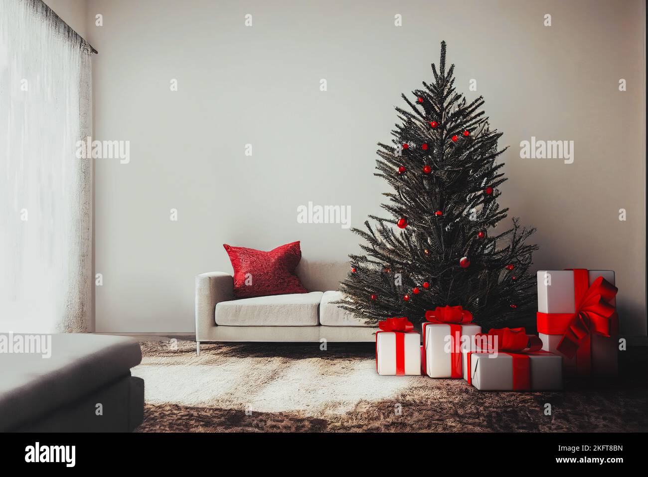 Front view of an interior with a Christmas tree next to some gifts and ...
