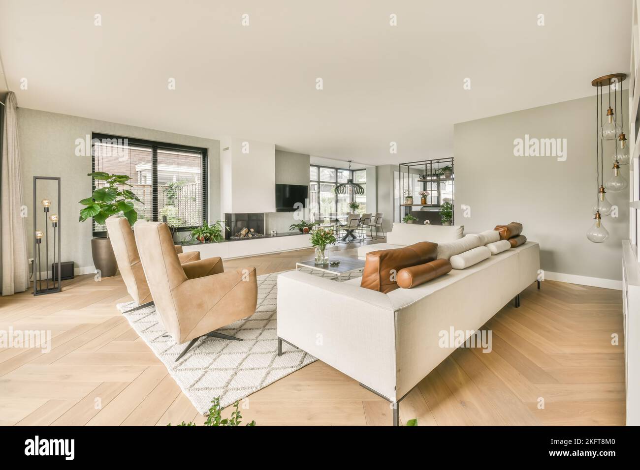 Modern interior of dining room with television by the wall Stock Photo ...
