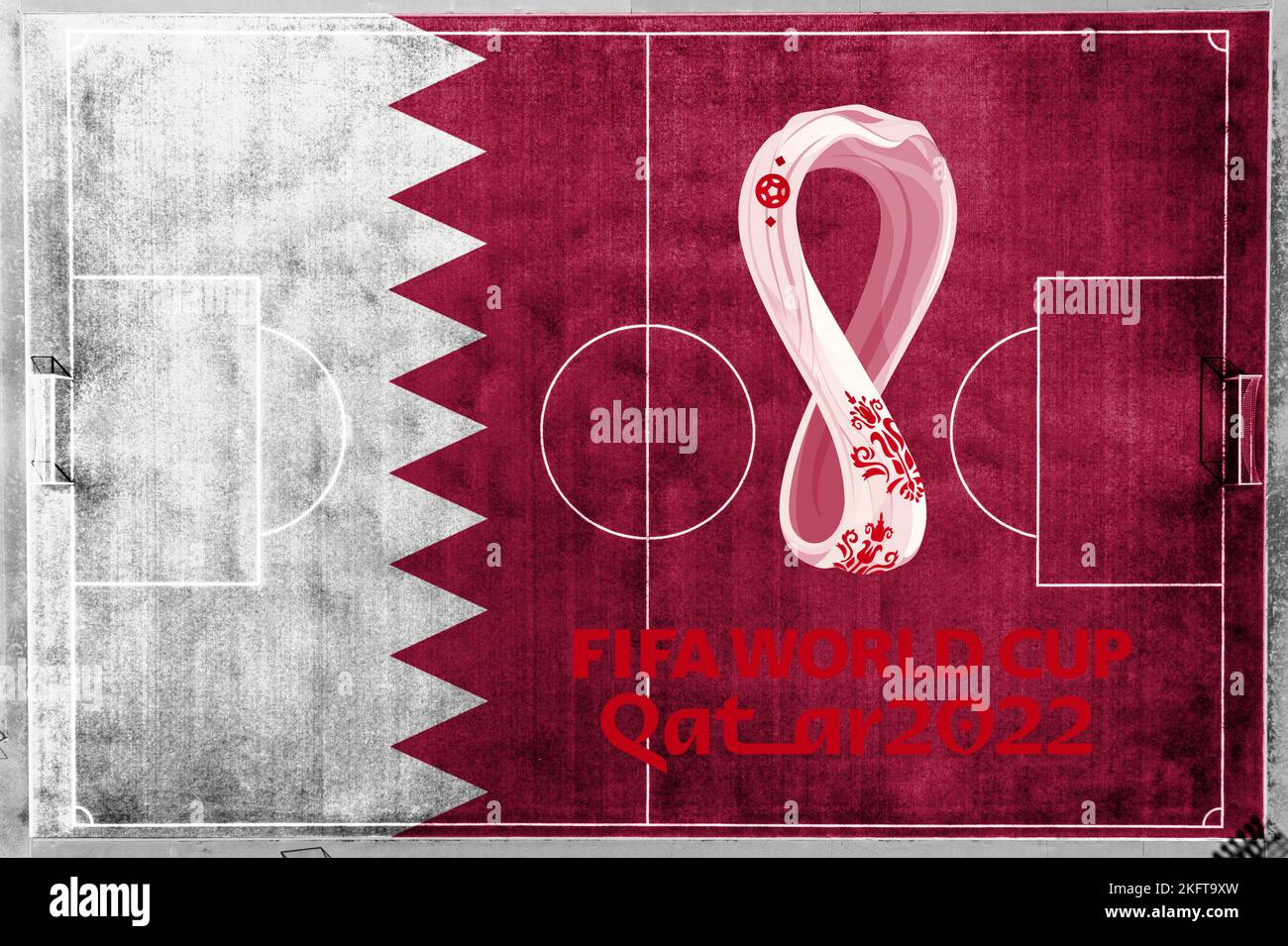 Flags with FIFA and Qatar 2022 World Cup logo waving in the wind. The ...