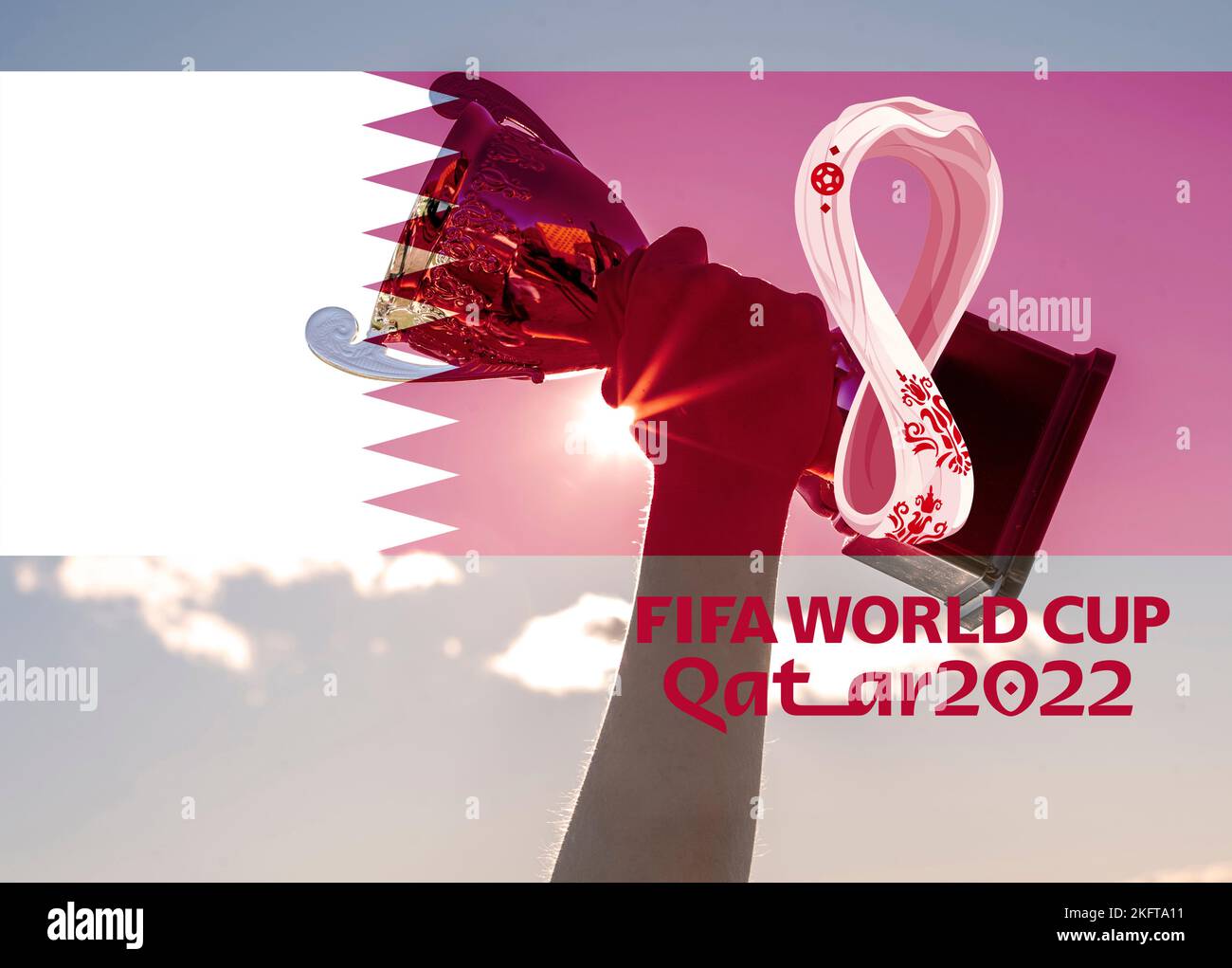 Flags with FIFA and Qatar 2022 World Cup logo waving in the wind. The ...