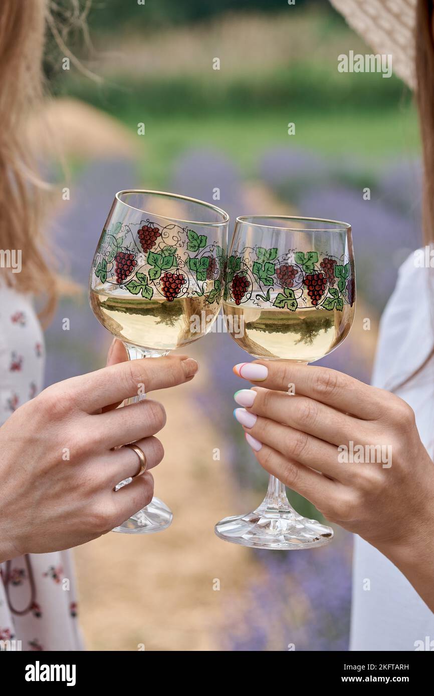 Glasses with a pattern. Cropped shot of two women cheering with glasses ...