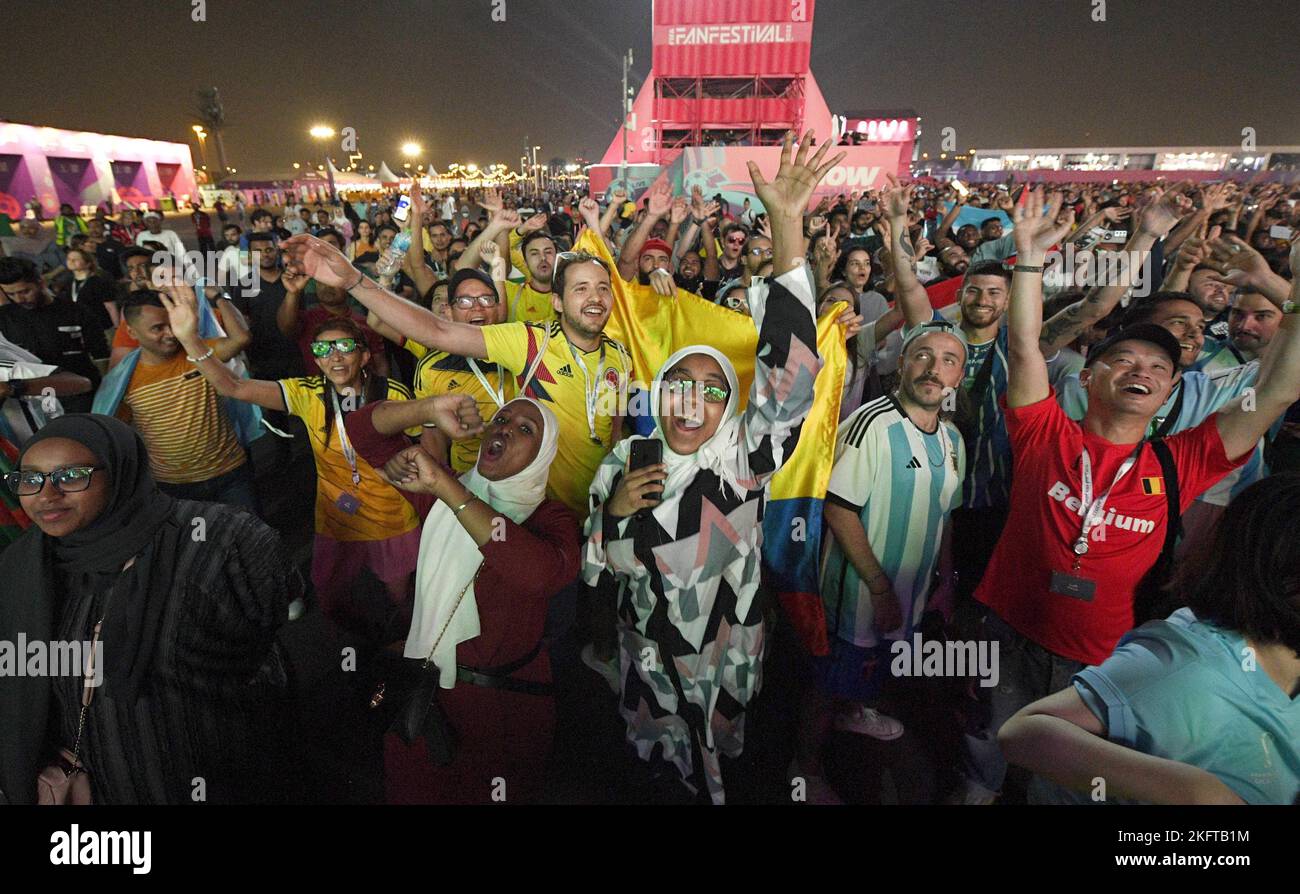 Doha, Qatar on Nov. 19, 2022, Football fans crowd the FIFA Fan Festival ...