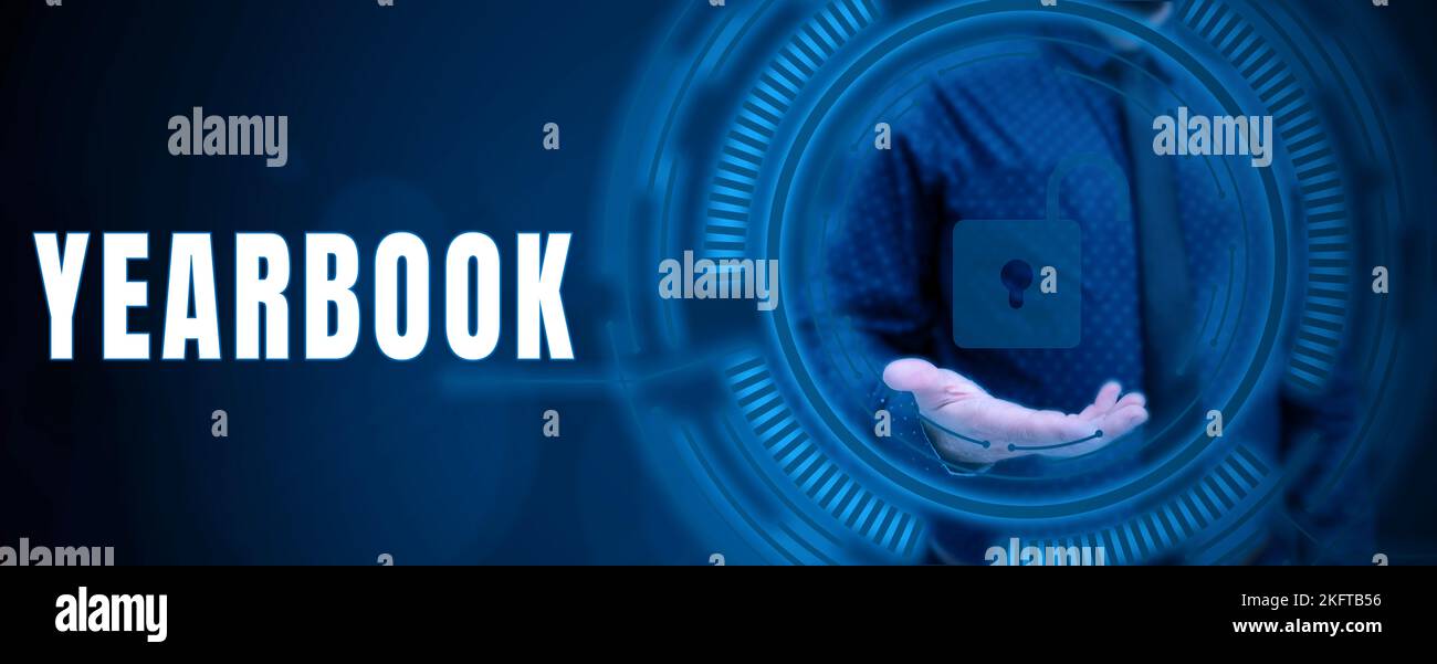 Hand writing sign Yearbook. Conceptual photo publication compiled by ...