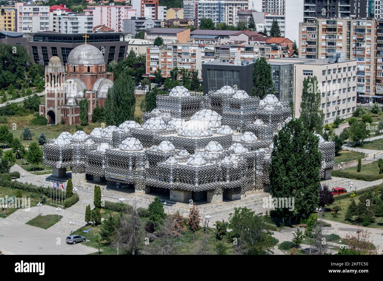 Elevated view of National Library of Kosovo, in Pristina, built in ...