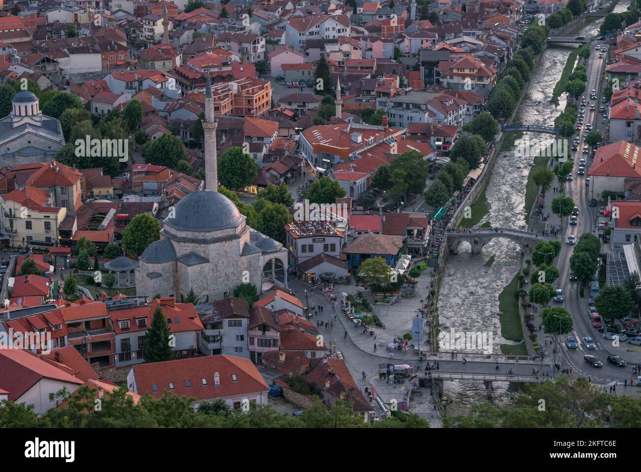 Elevated cityscape view of the city of Prizren, Kosovo, during sunset ...