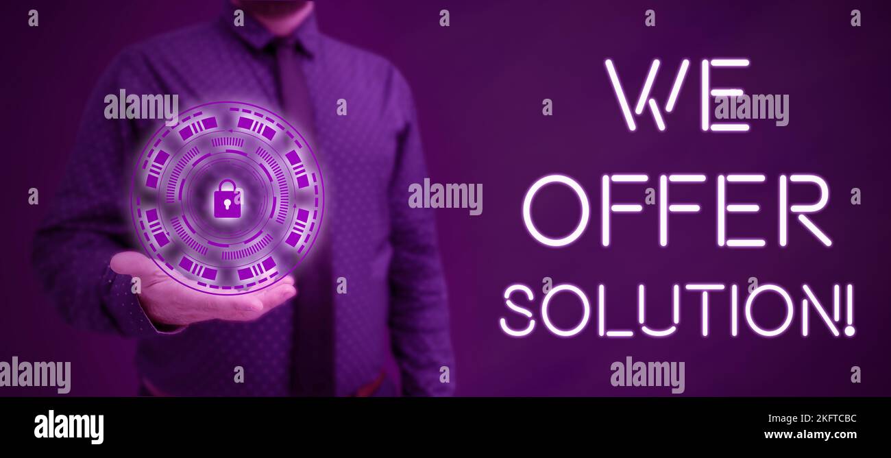 Hand writing sign We Offer Solution. Internet Concept give means of ...