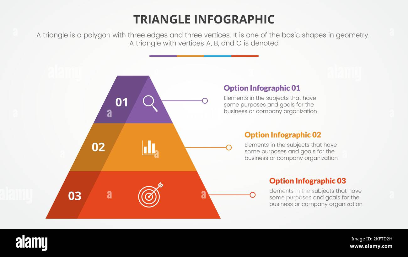 infographic triangle concept for slide presentation with 3 point list with flat pyramid style ...
