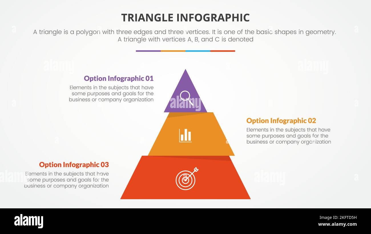 infographic triangle concept for slide presentation with 3 point list with flat pyramid cut ...