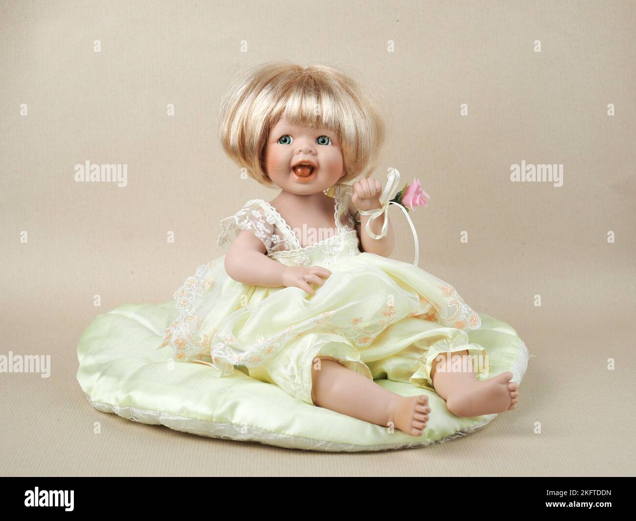 Vintage porcelain doll baby girl with green eyes and open mouth, blonde ...