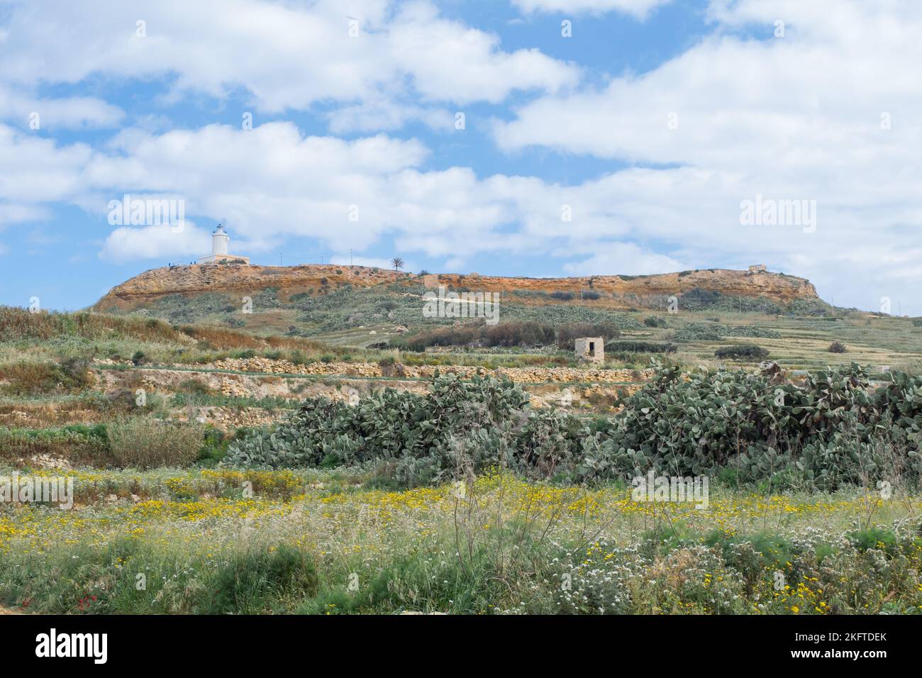 Flat topped plateau hill in the rural village of Ghasri, Gozo, Malta ...