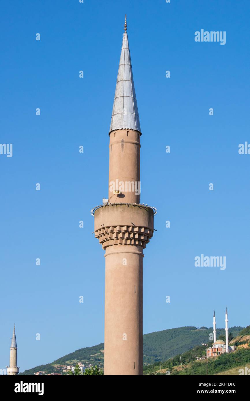 The minaret tower of a Muslim mosque in the city of Prizren, Kosovo ...