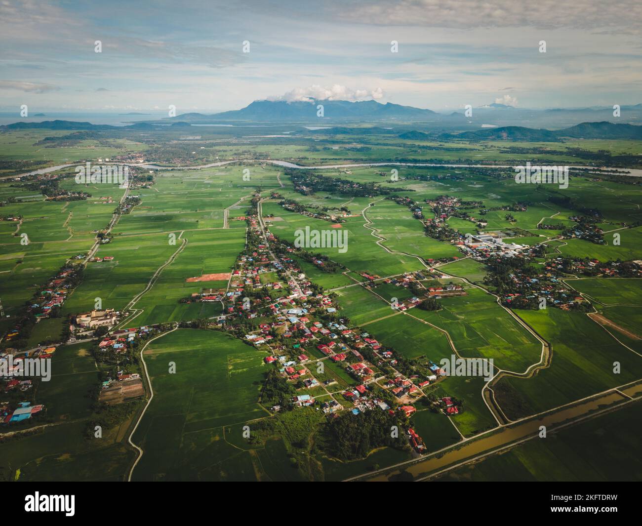An aerial shot of the beautiful Paddy field village in Penang, Malaysia ...