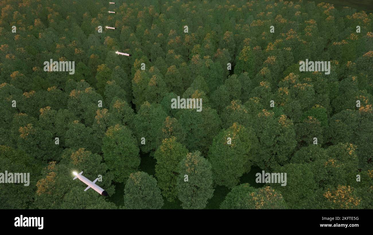Military rockets fly low over dense forest 3d render Stock Photo - Alamy