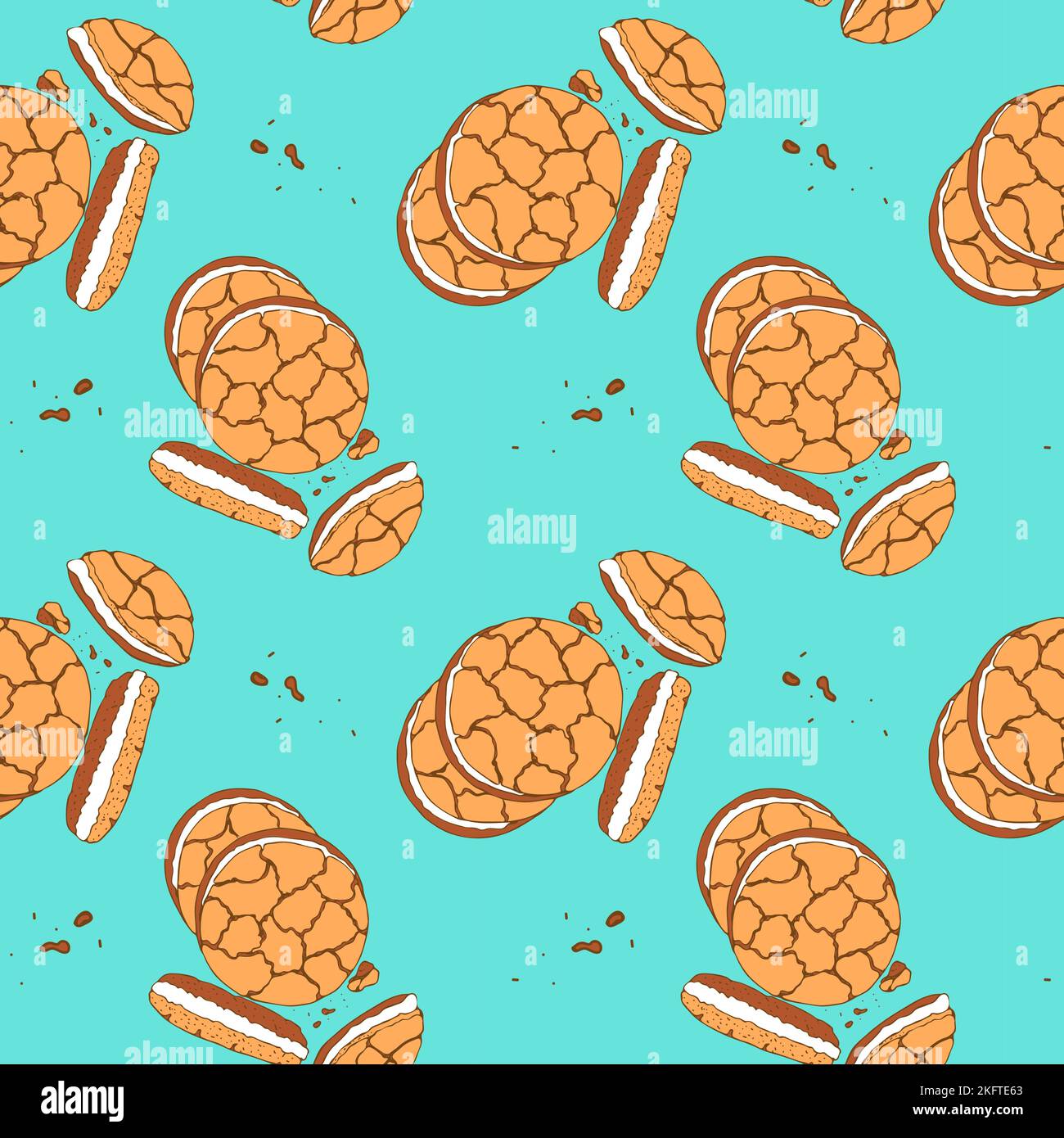 Pattern cookies with filling and biscuit crumbs on a blue background ...