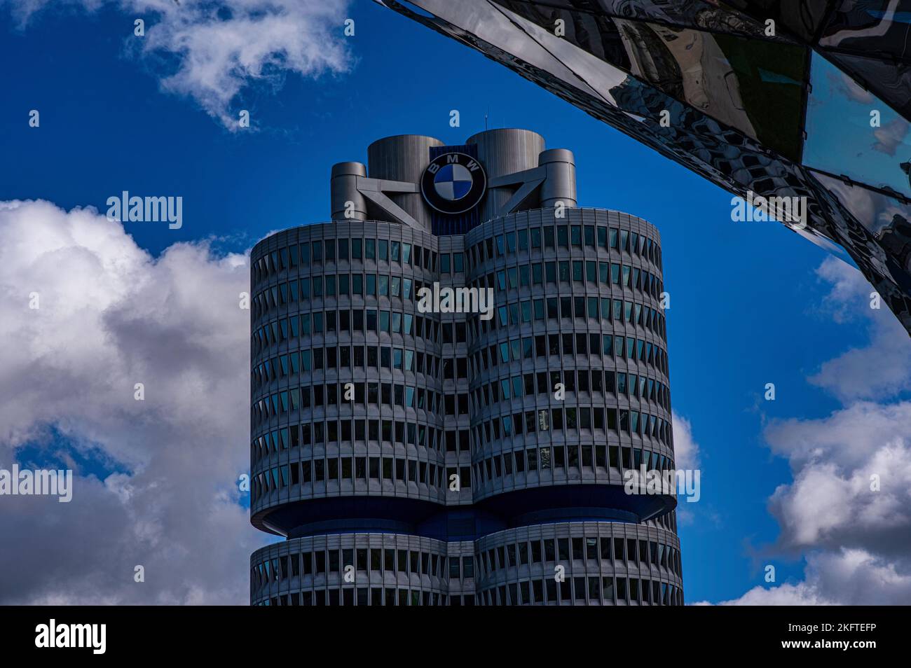 A close up shot of BMW headquarters building in Munich, Germany with ...