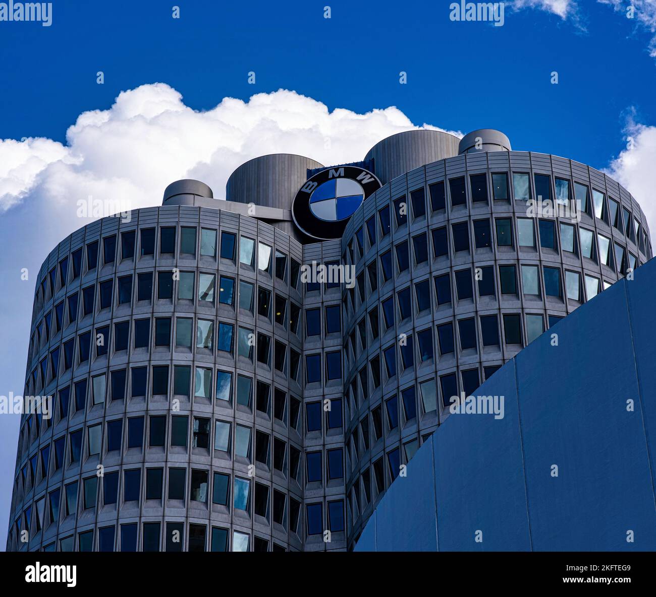 A close up shot of BMW headquarters building in Munich, Germany with ...