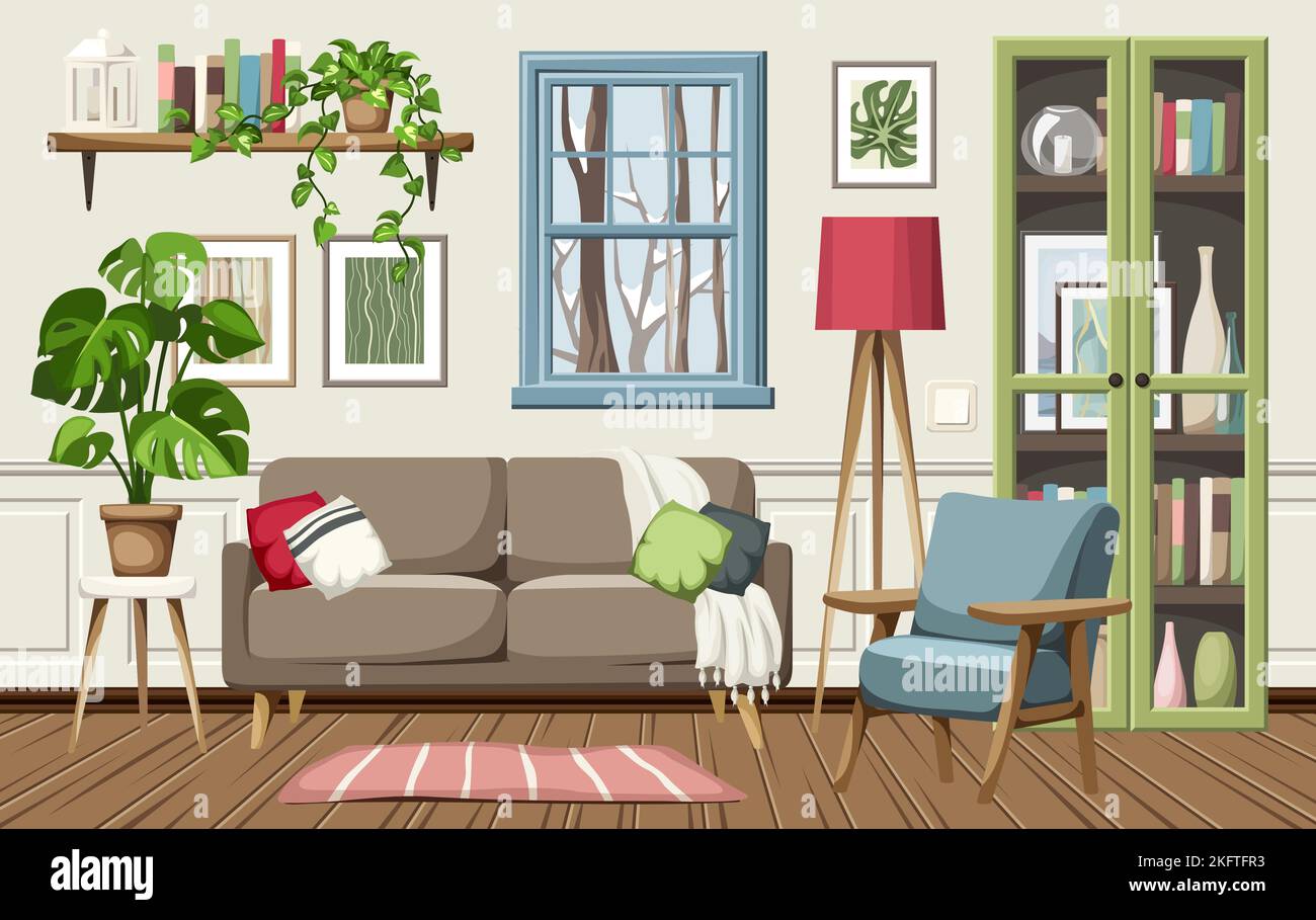 Cozy winter living room interior with snowy trees outside the window ...