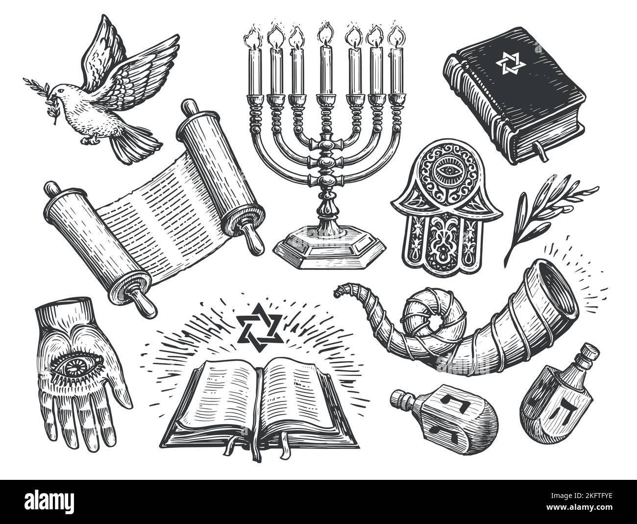 Jewish set sketch. Religion concept vintage vector illustration. Torah ...