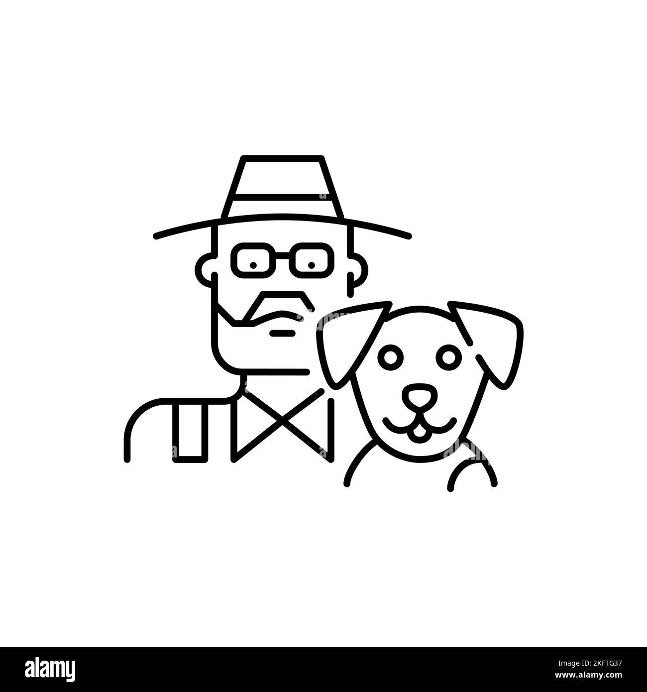 Elderly man in farmer hat and his dog. Pet owner icon. Pixel perfect ...