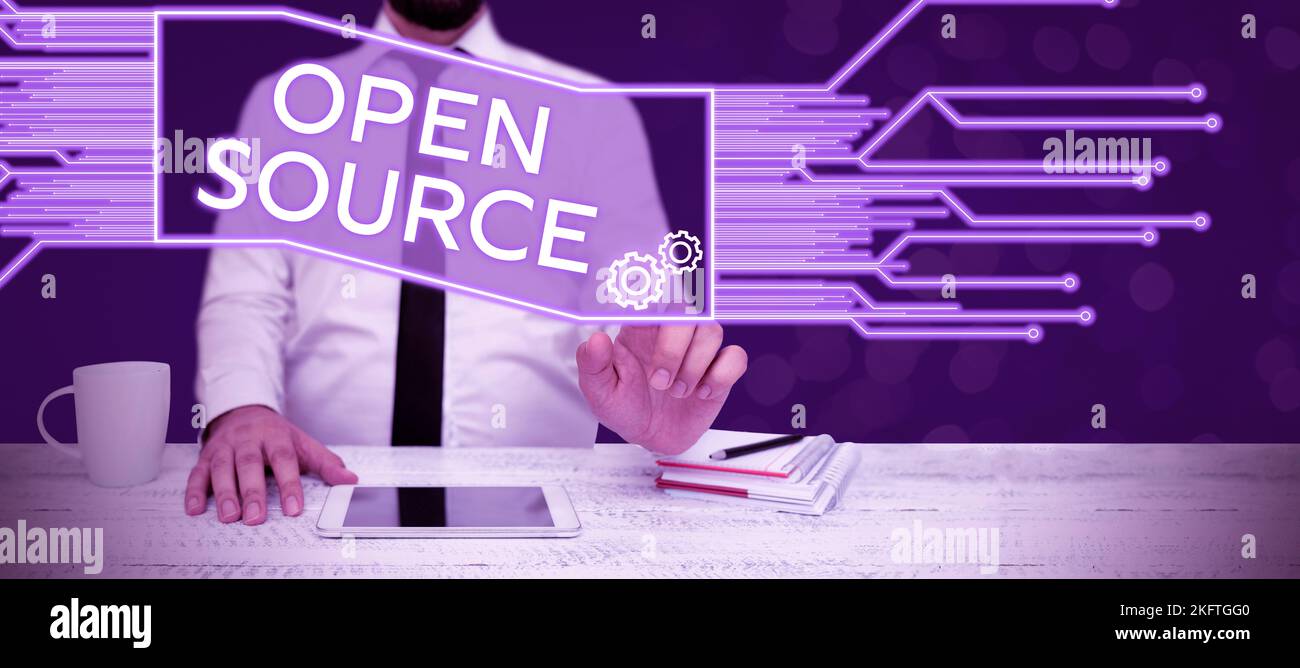 Conceptual caption Open Source. Business showcase denoting software which original source code ...