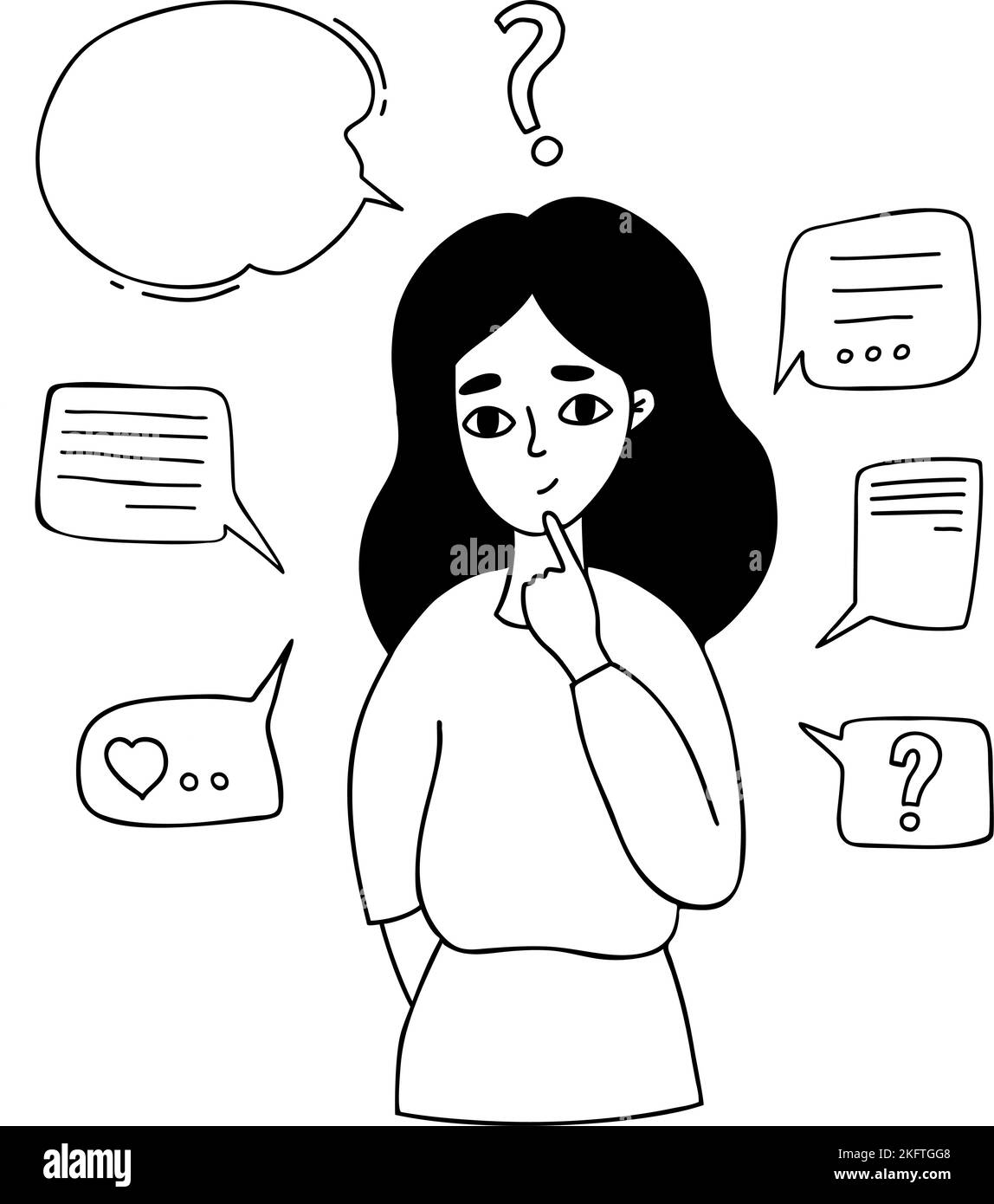 Portrait of thinking person. Thoughtful cute girl with text bubbles ...