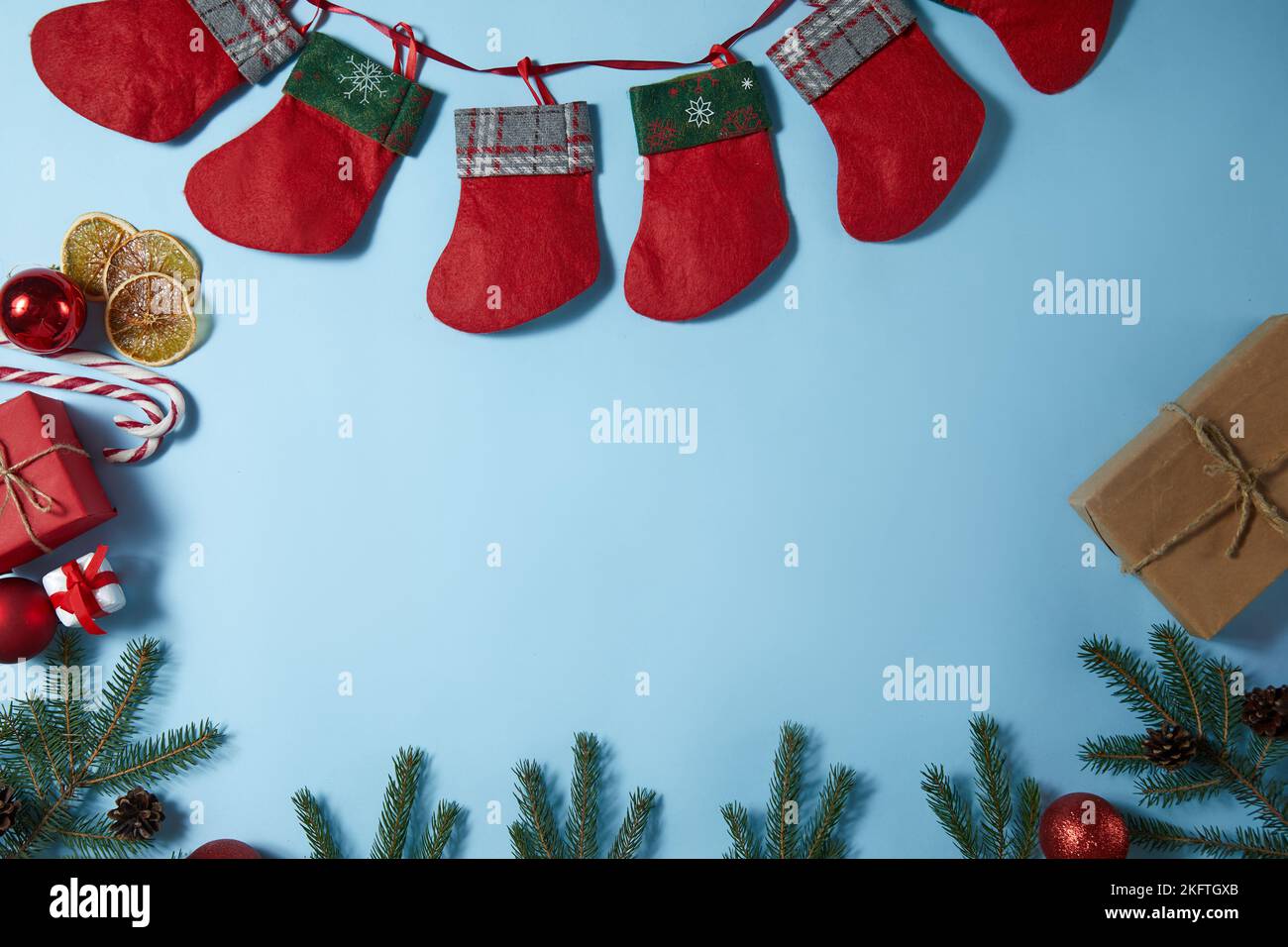 Beautiful Christmas composition on blue background. Christmas present ...