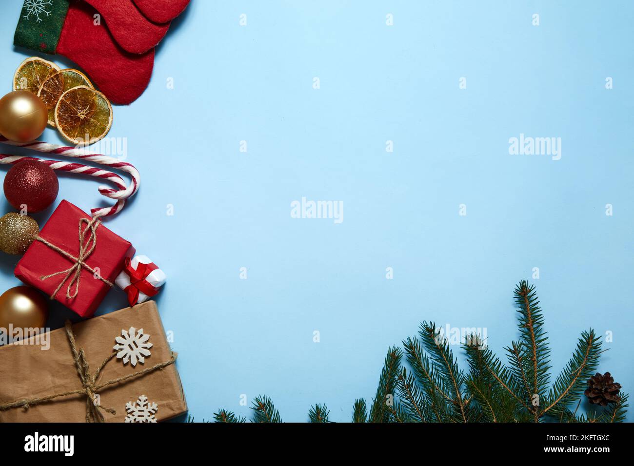 Beautiful Christmas composition on blue background. Christmas present ...