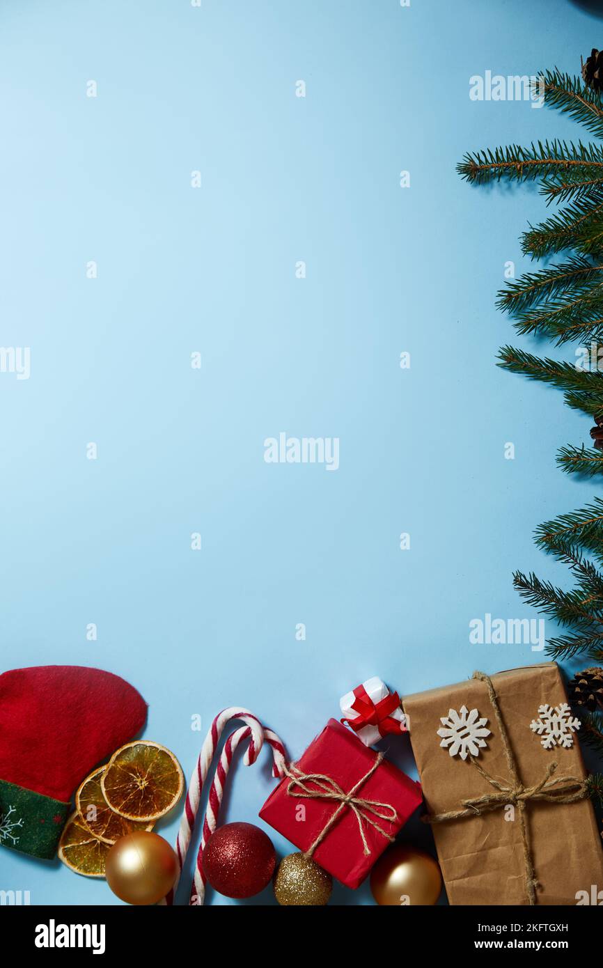 Beautiful Christmas composition on blue background. Christmas present ...