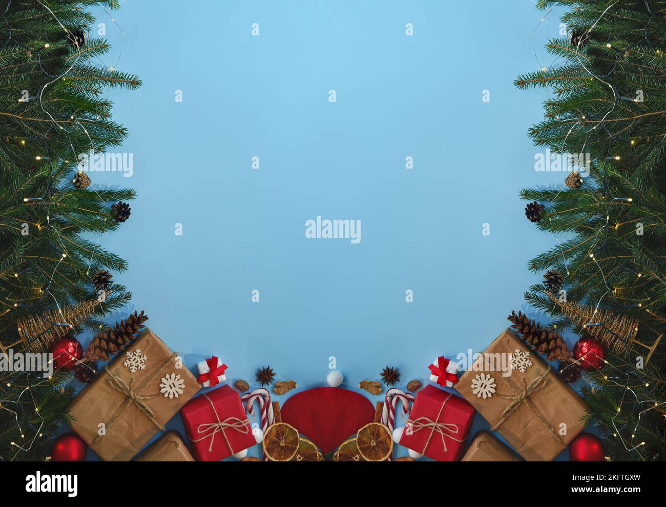 Beautiful Christmas composition on blue background. Christmas present ...