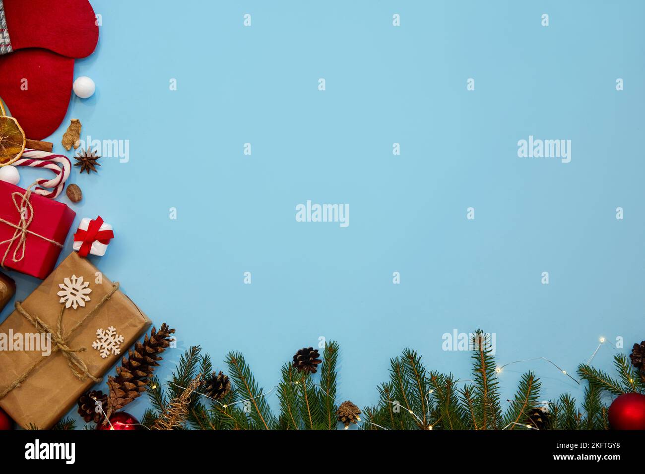 Beautiful Christmas composition on blue background. Christmas present ...