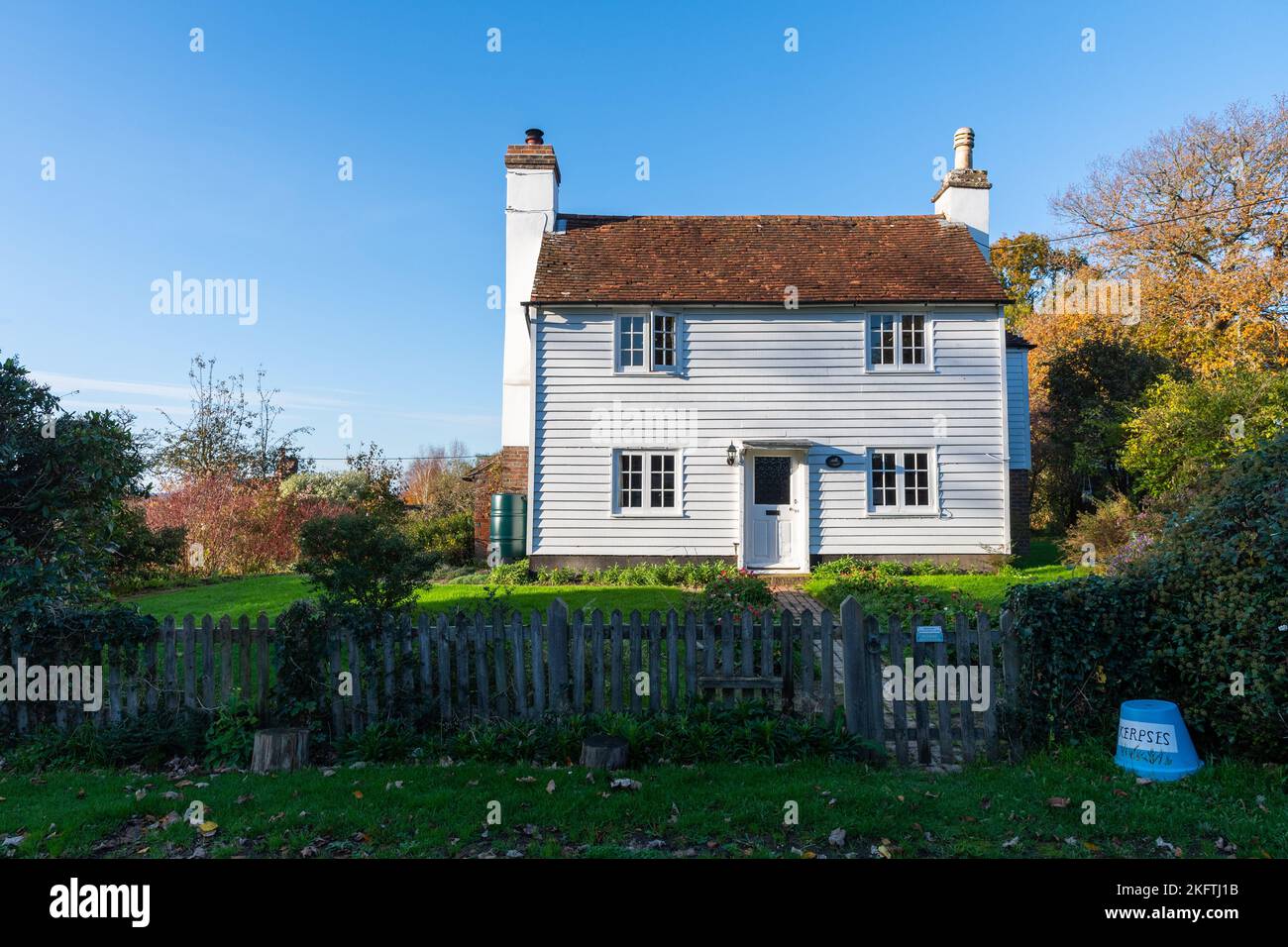 A white clapper-board cottage in Cowbeech, East Sussex on a fine autumn ...