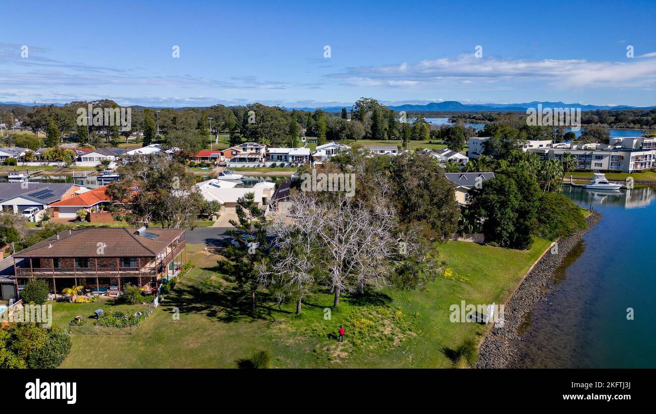 An aerial wide angle view of Hastings River and Port Macquarie town in ...