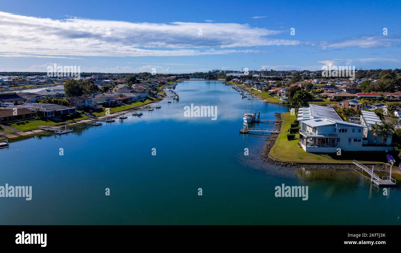An aerial wide angle view of Hastings River and Port Macquarie town in ...