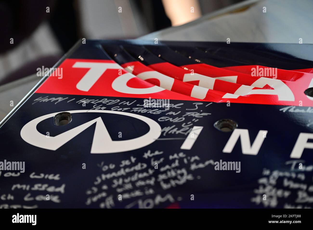 ABU DHABI, 18/11/2022, WEBBER Mark signature on a Red Bull rear wing ...