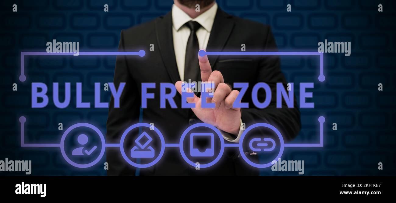 Hand writing sign Bully Free Zone. Word for Be respectful to other ...