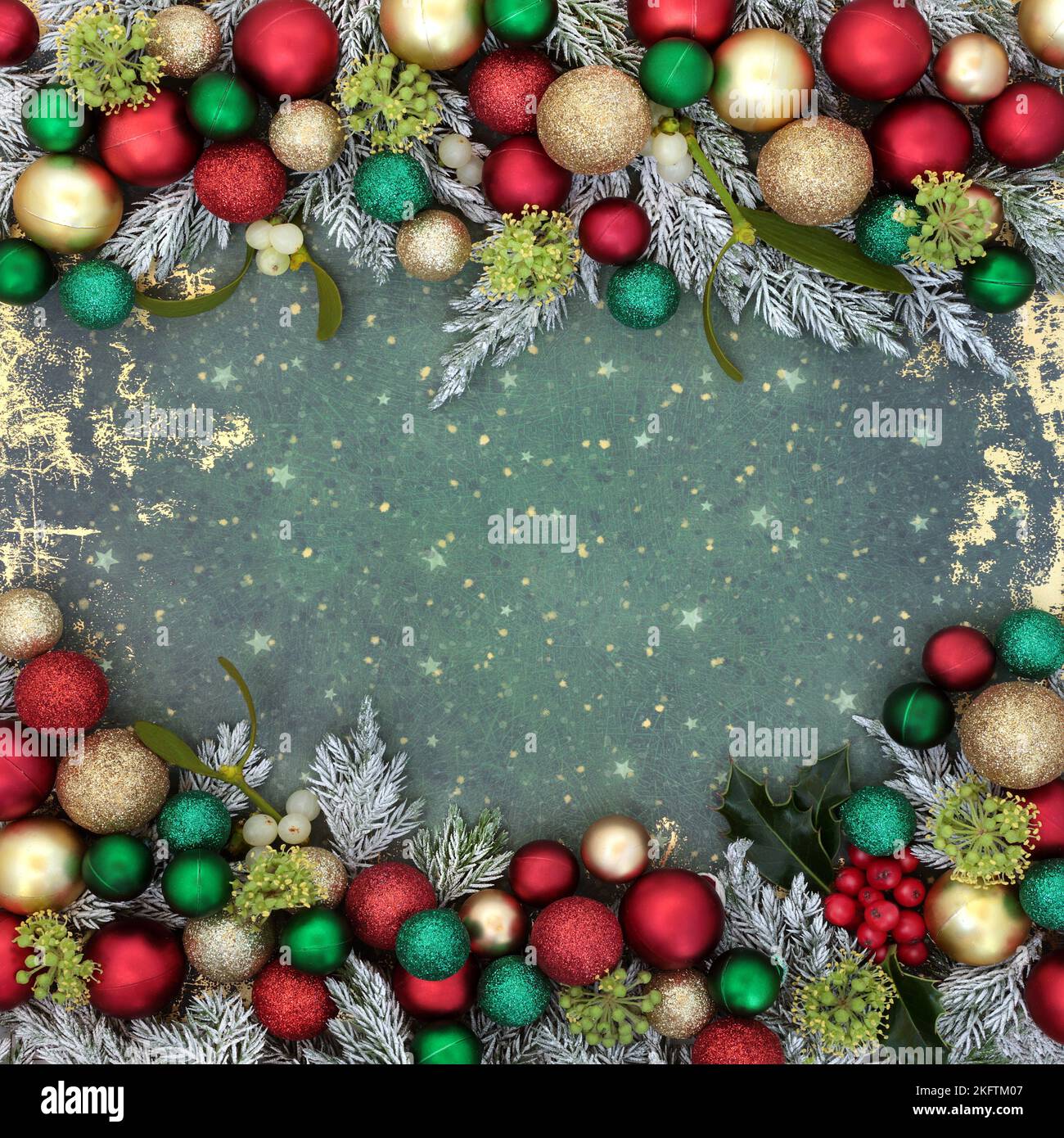 Christmas traditional retro style background border with snow covered ...