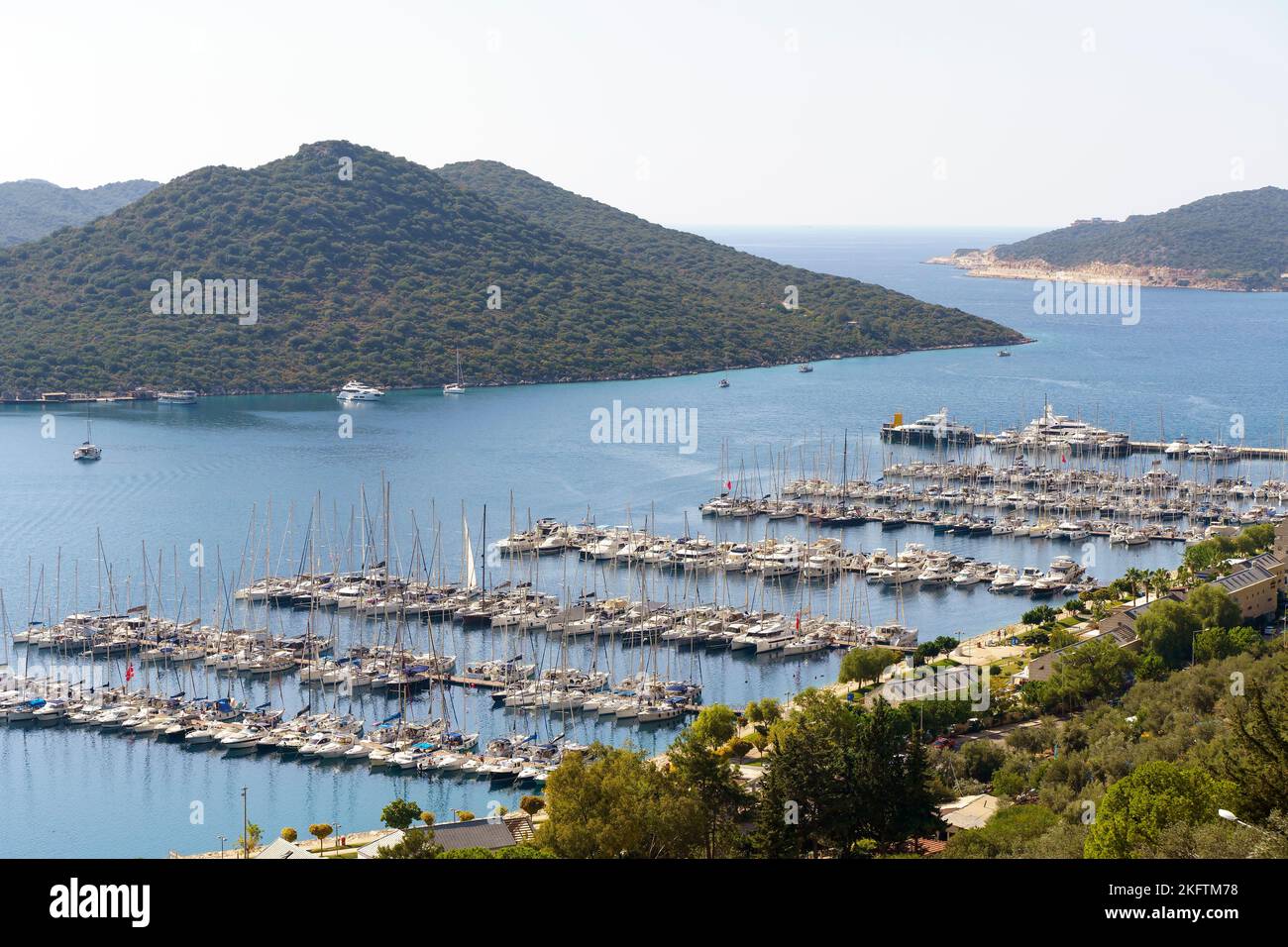 Yacht port in the Turkish city of Kas. Beautiful landscape with blue ...