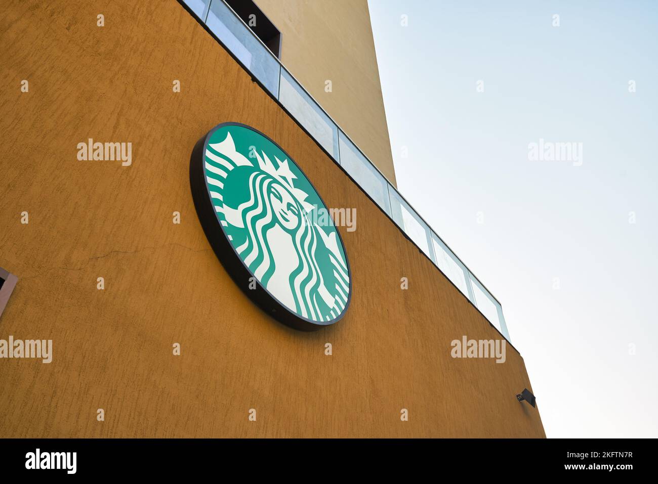 SHENZHEN, CHINA - CIRCA NOVEMBER, 2019: Starbucks sign on a wall seen ...