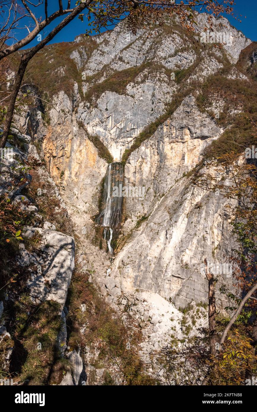 Iconic Boka waterfall in the Soca valley in the Julian Alps, Slovenia ...