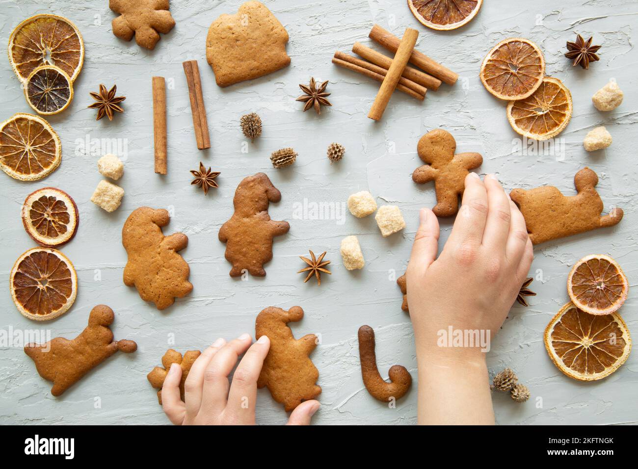 Female hands hold gingerbread cookies. Different kinds of cookies and ...