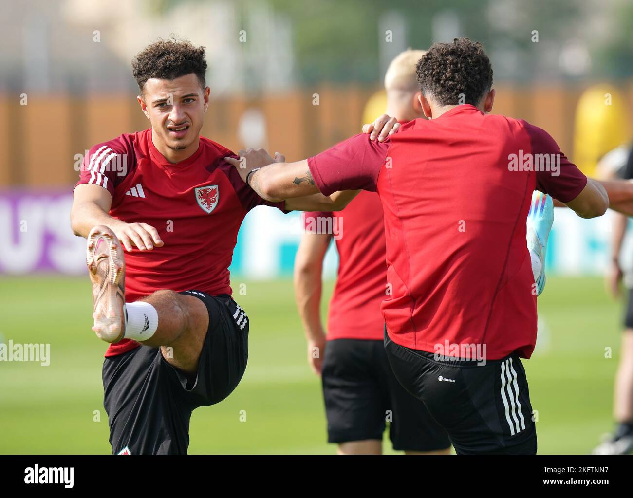Wales' Ethan Ampadu (left) and Brennan Johnson during a training ...