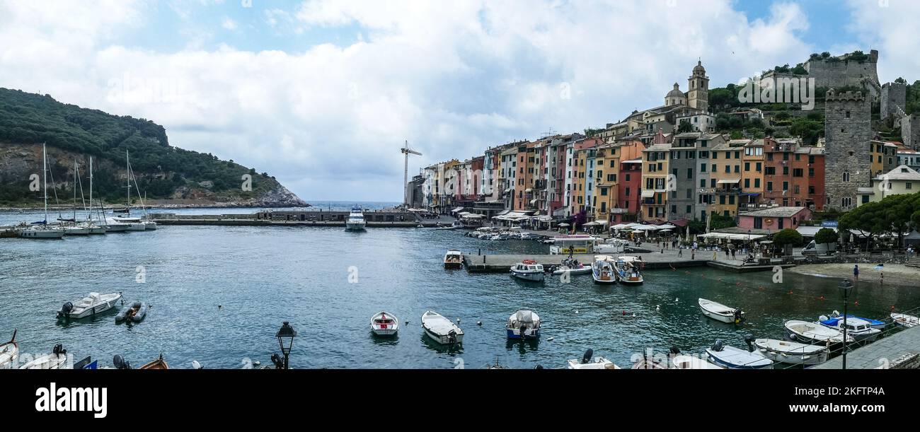 Portovenere. Italy - 06/28/2020: the seafront with many colored houses ...