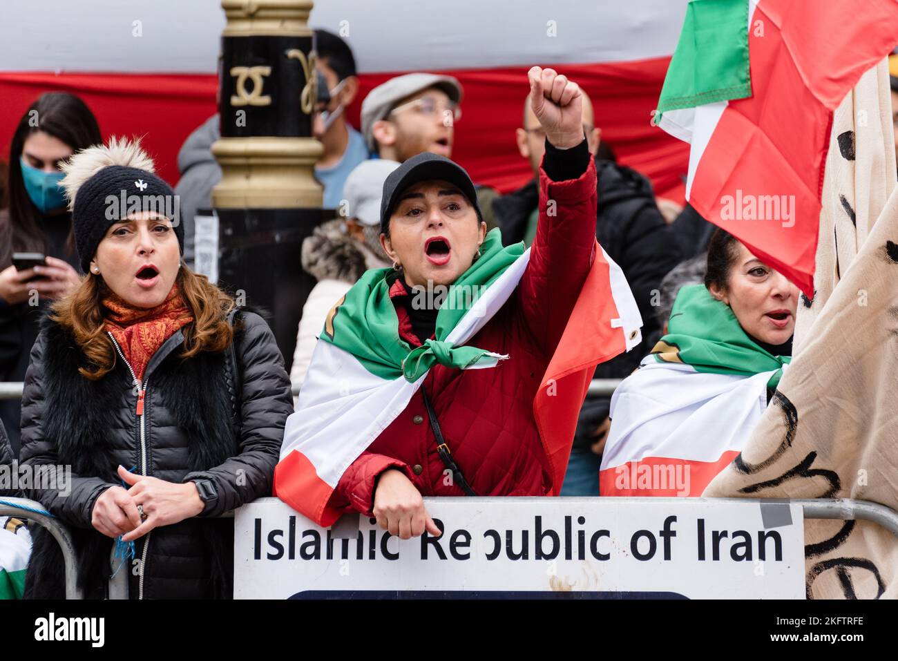 London, UK. 19 November 2022. Protesters march from the Iranian embassy ...