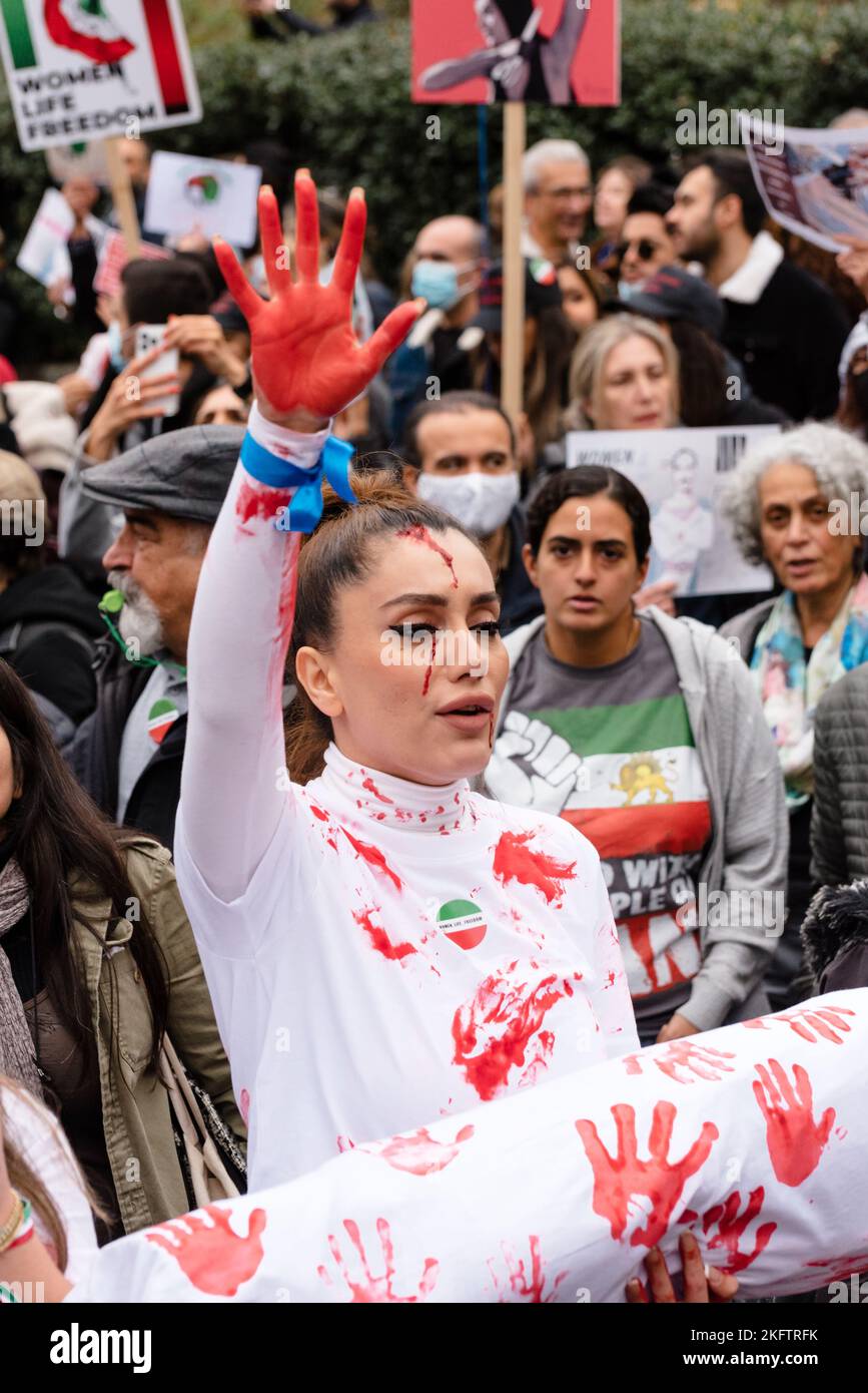 London, UK. 19 November 2022. Protesters march from the Iranian embassy ...