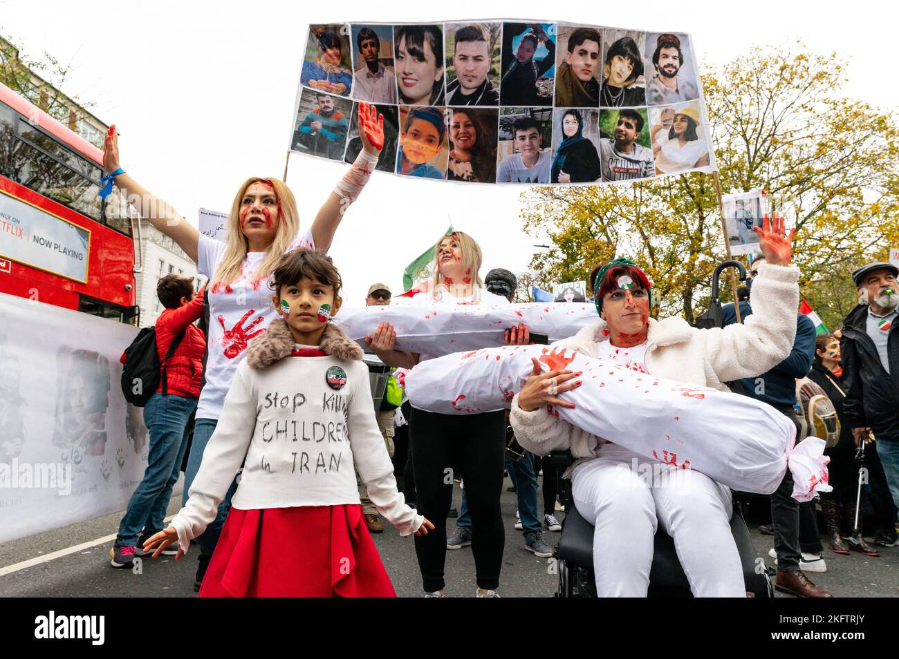 London, UK. 19 November 2022. Protesters march from the Iranian embassy ...