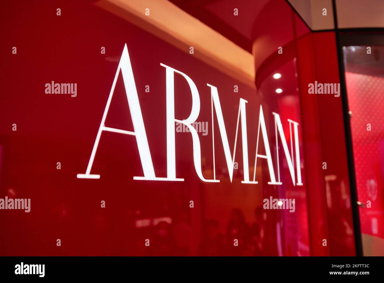 HONG KONG, CHINA - CIRCA DECEMBER, 2019: close up shot of Armani sign ...