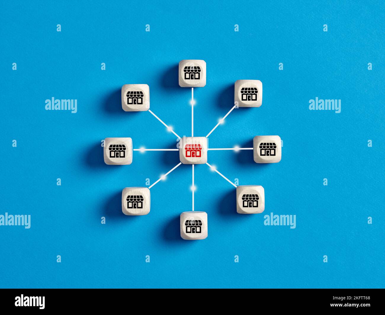 Wooden cubes with store icons linked to each other with connection ...