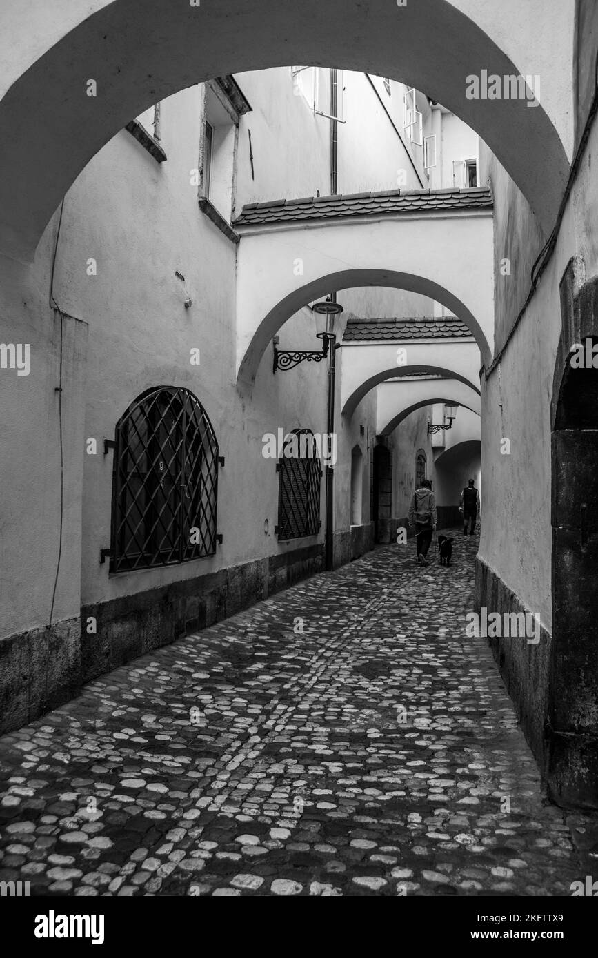 Small alley leading to the fish market in the center of Ljubljana ...