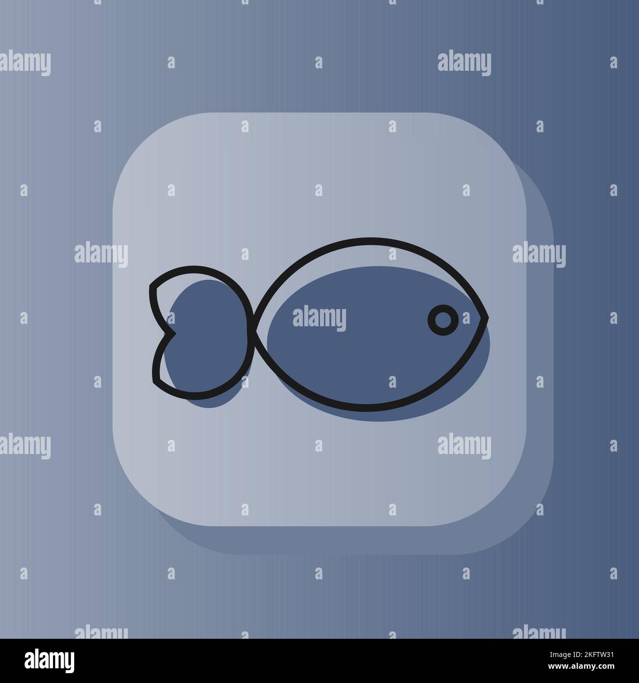 3d square button fish on outline icon. Flat symbol sign vector ...